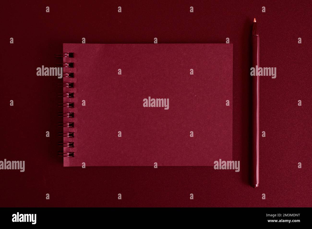 notebook on a spring with red purple pink sheets and a pen on a dark ...