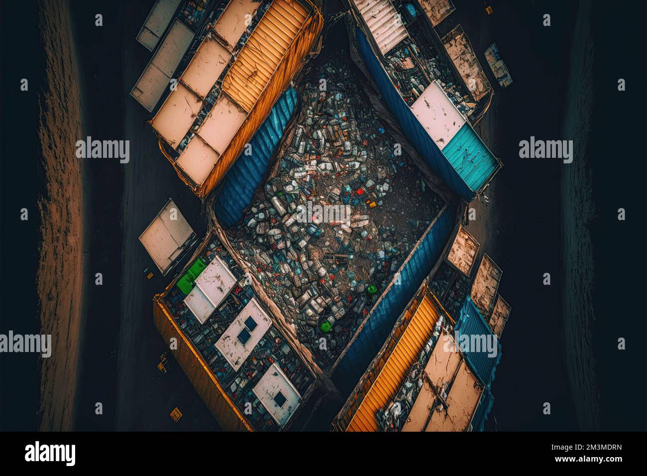 aerial view overhead perspective of a city landfill with garbage being ...