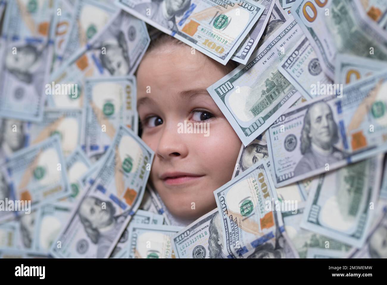 American dreams. Head in money. Fun kid face on dollars money Stock ...