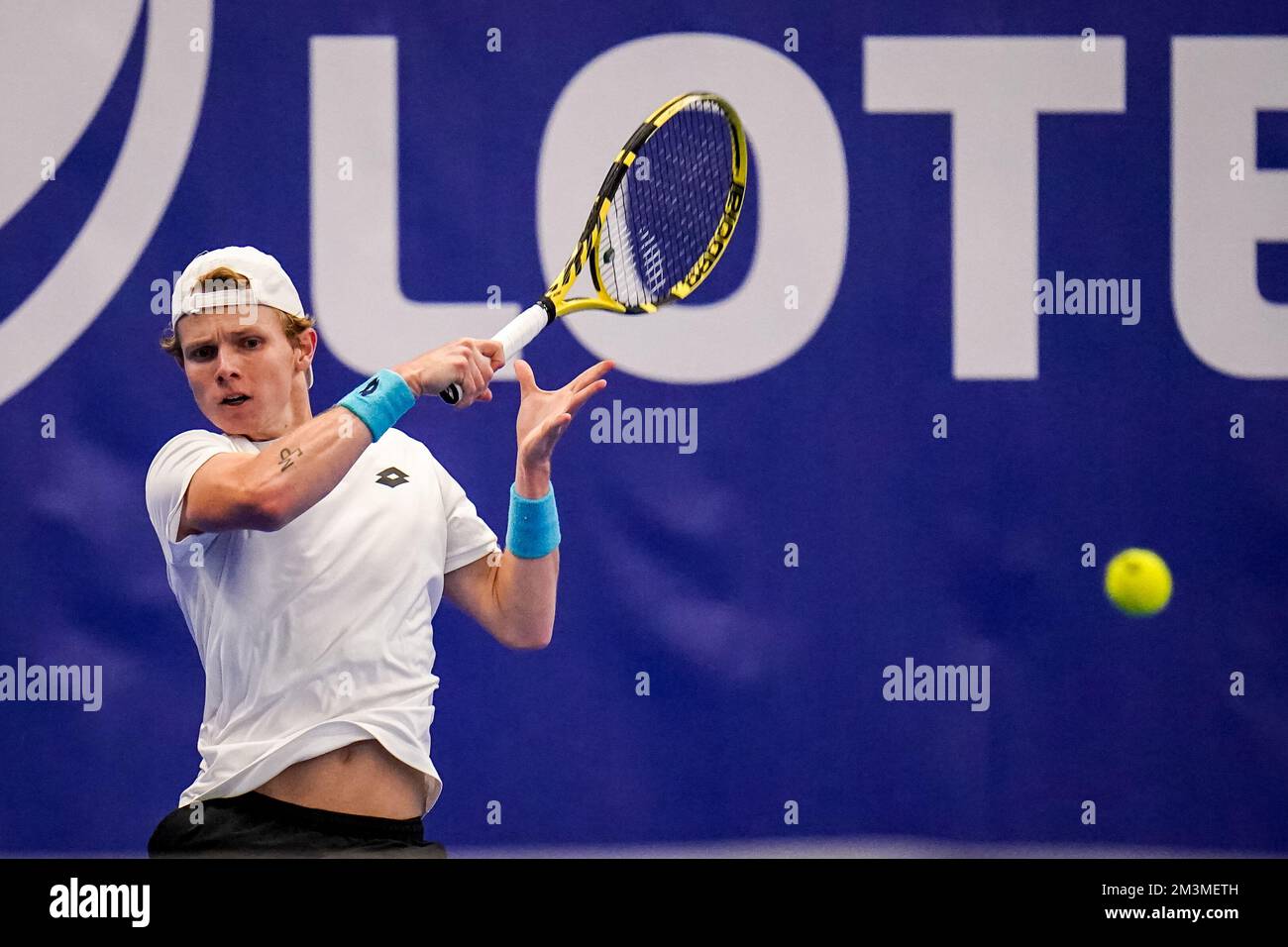 AMSTELVEEN, NETHERLANDS - DECEMBER 14: Jesper de Jong plays a forehand ...