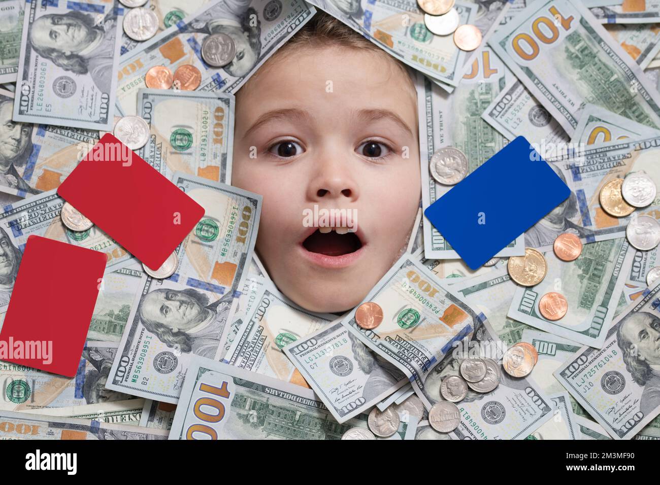 Kids head in money. Fun kid face on dollars money. Cash dollars ...