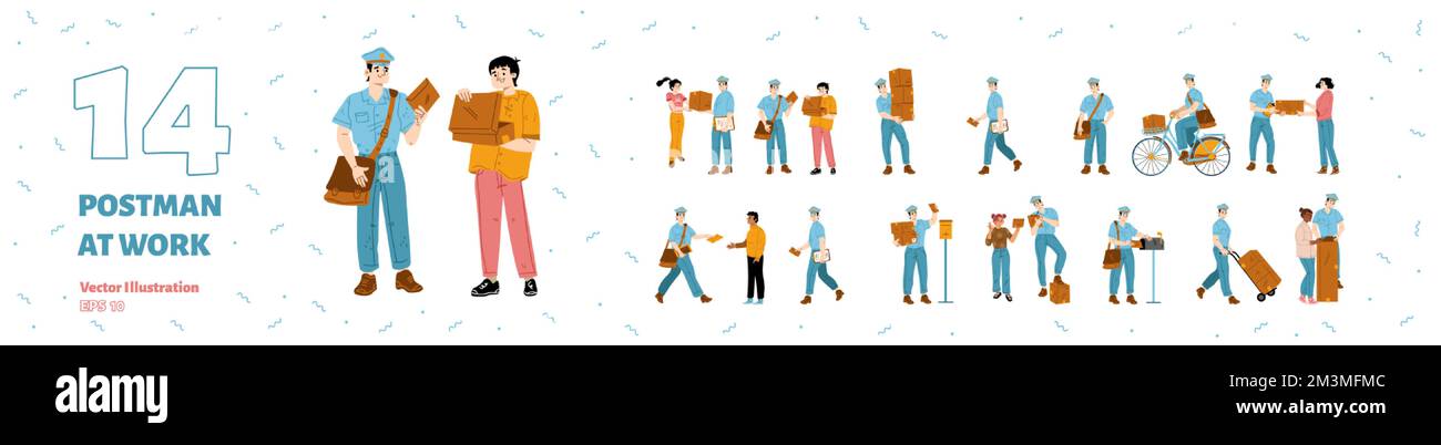 Postman with bag and happy customers receiving parcels and letters ...