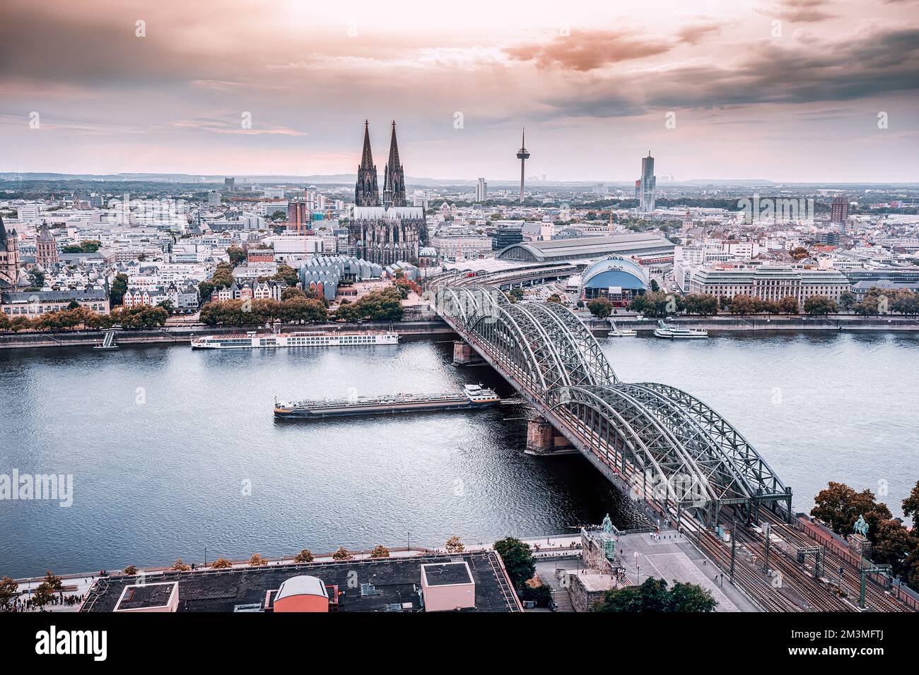 Koln Aerial view with trains move on a bridge over the Rhine River on ...