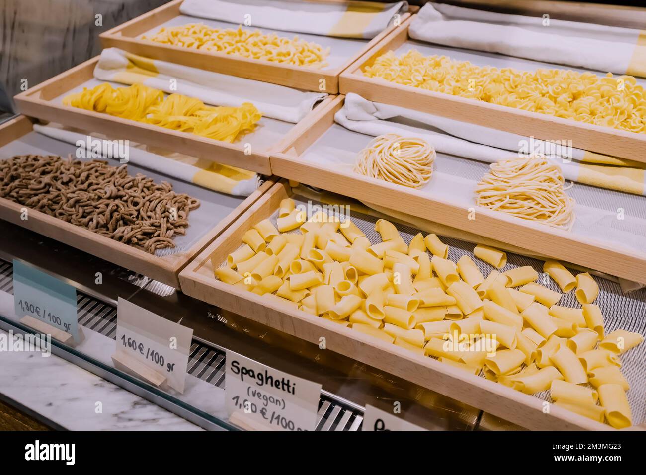 Vegan Spaghetti and pasta in the window of a grocery store or in a ...