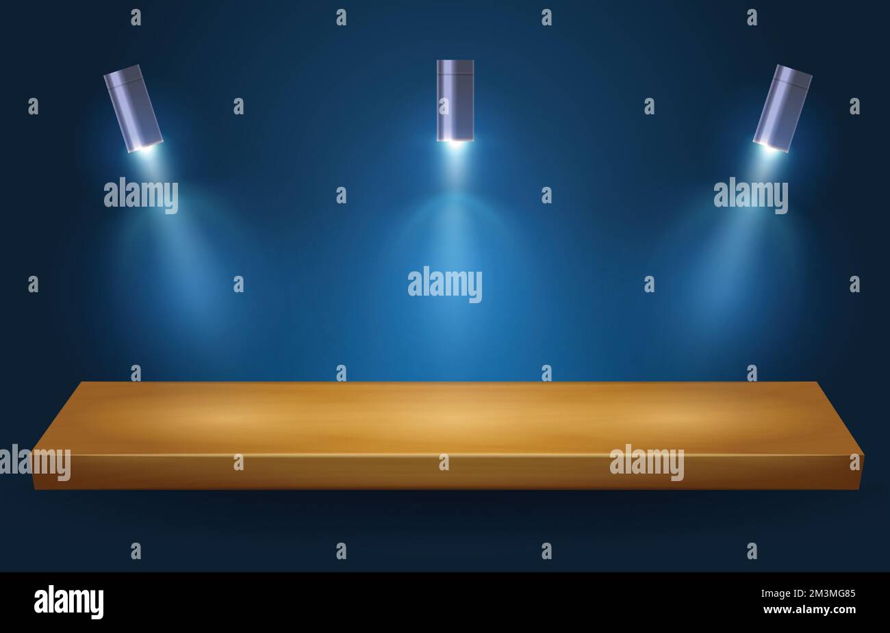 Wall shelf with spotlight light. Empty wooden rack, display product ...