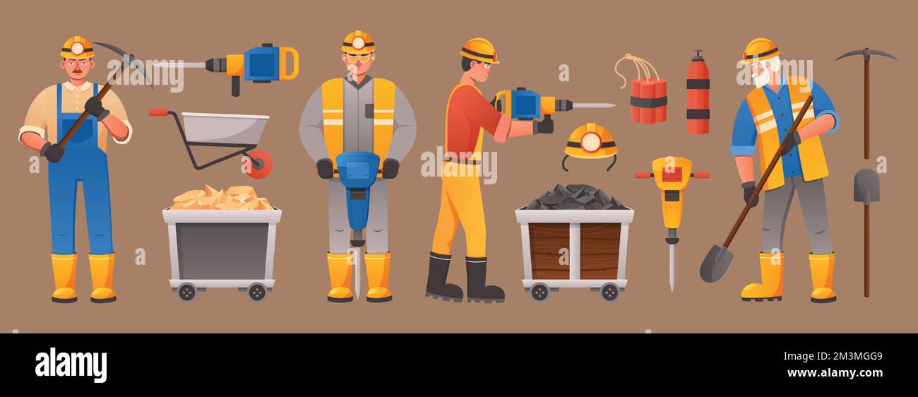 Cartoon miners and equipment. Digger character with mining tools ...