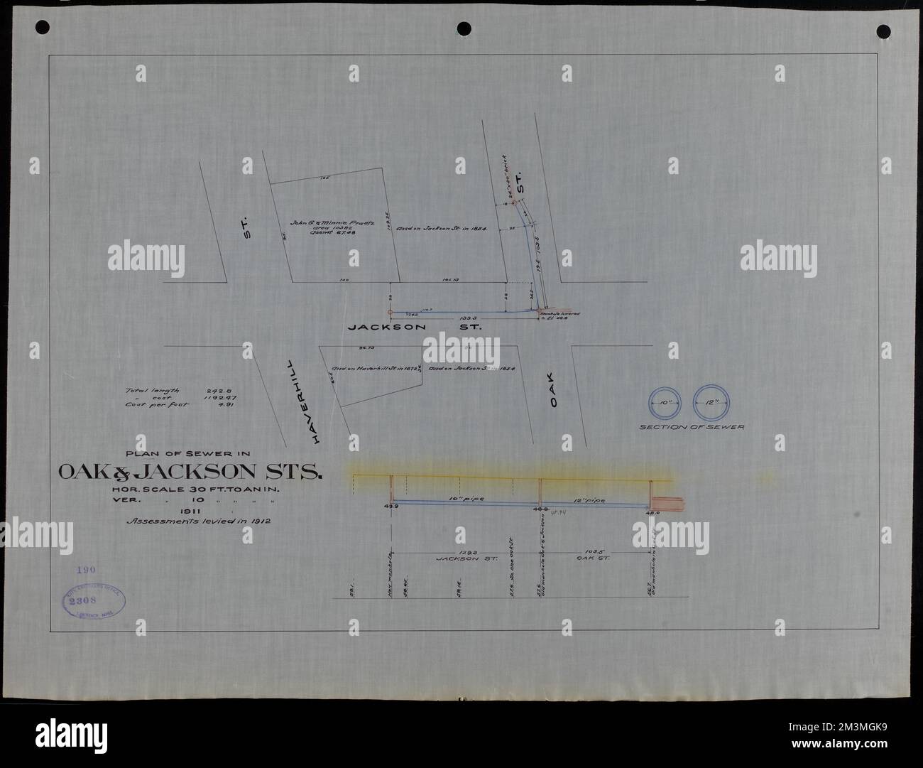 Plan of sewer in Oak & Jackson Sts. , Sewers, Streets. Lawrence Stock Photo - Alamy