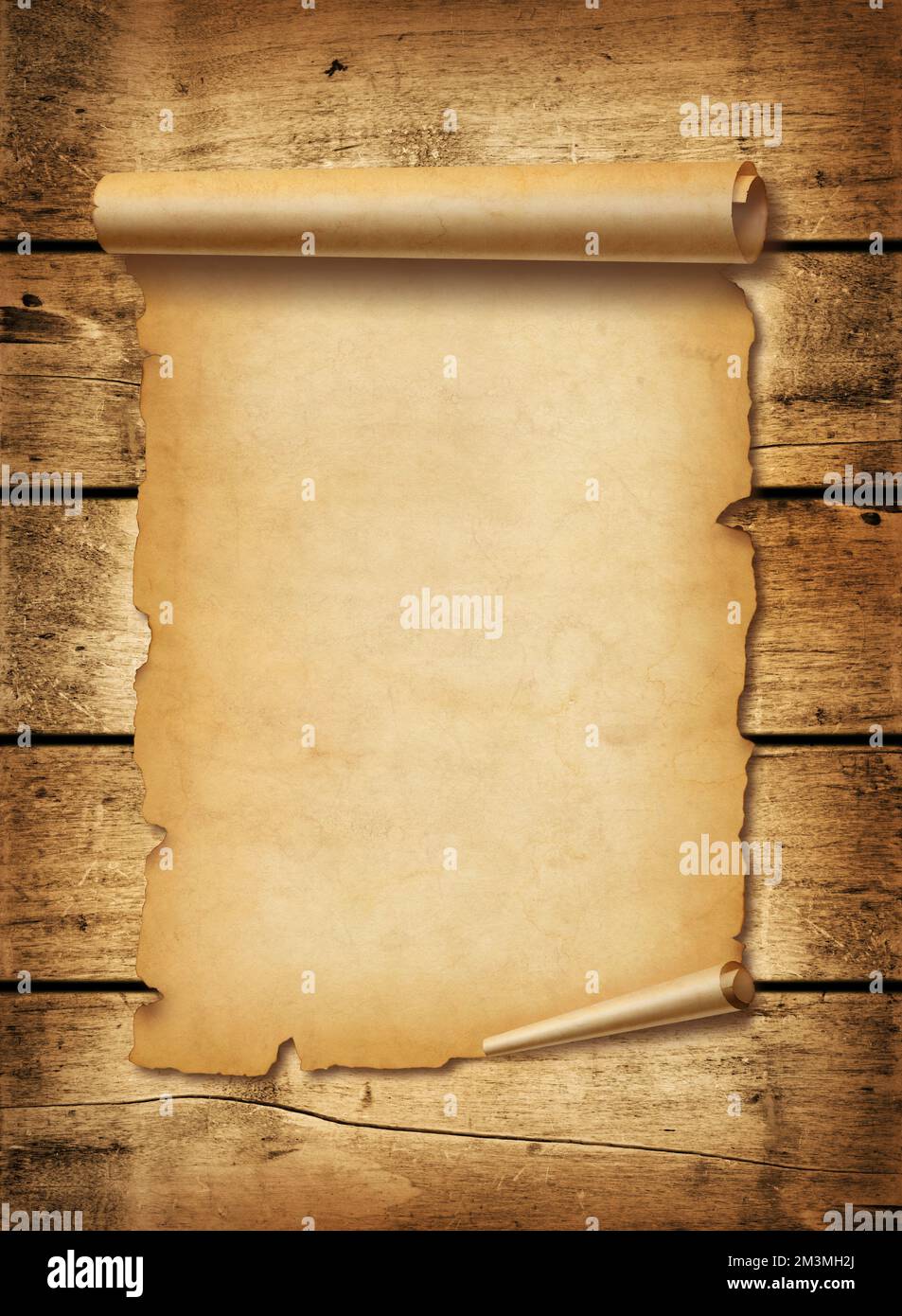 Old mediaeval paper sheet. Parchment scroll isolated on a wood board ...