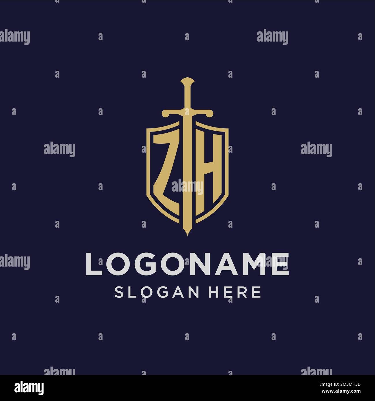 ZH logo initial monogram with shield and sword design ideas Stock ...