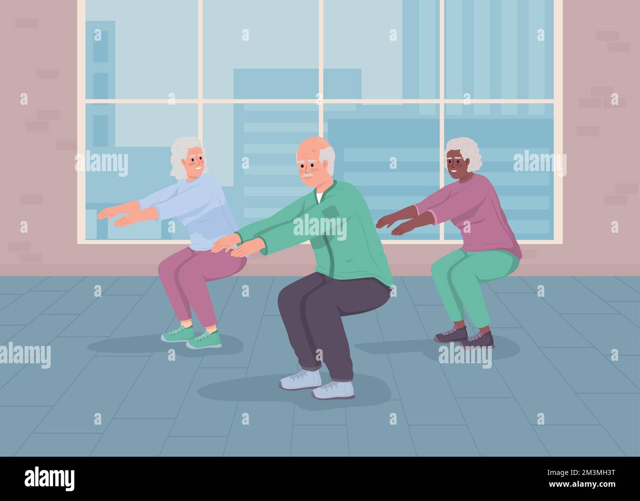 Elderly people exercising flat color vector illustration Stock Vector ...