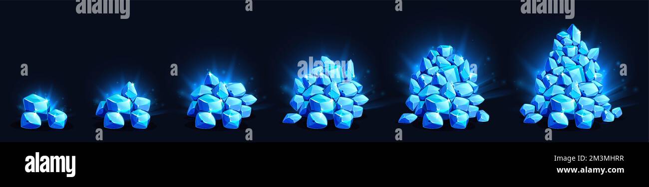 Gemstone crystals growing pile game assets. Blue glowing treasure ...