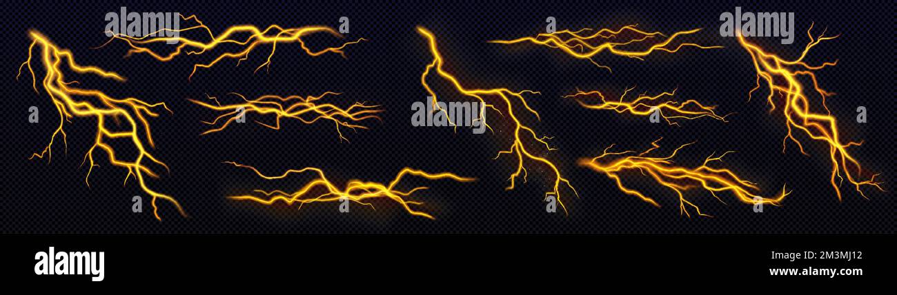 Set of yellow lightning, electric thunderbolt strike during night storm ...