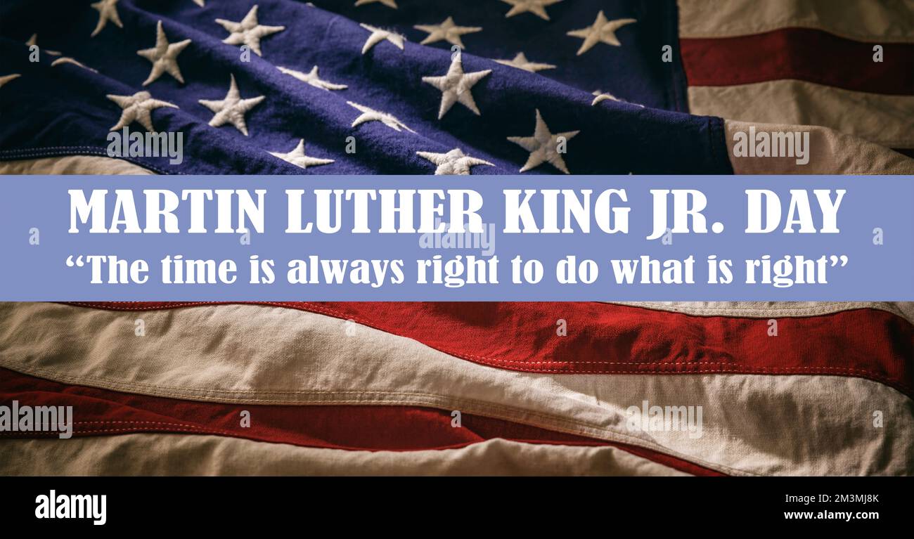Martin Luther King Jr. Day celebration. MLK quote, Text on US flag ...