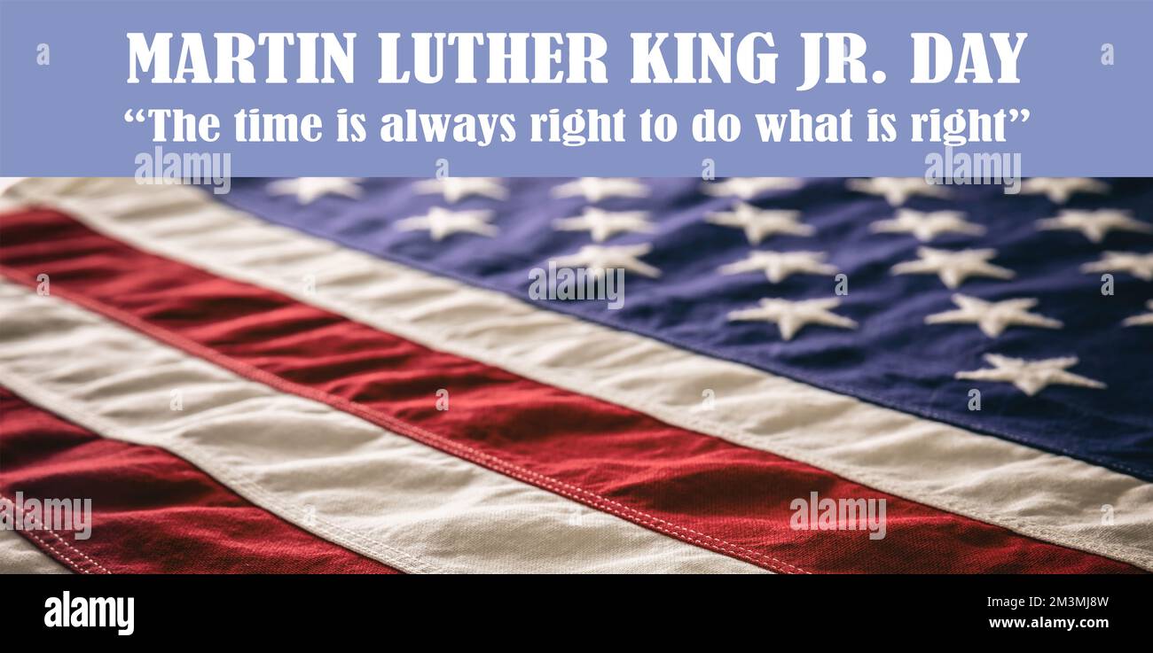 Martin Luther King Jr. Day celebration. MLK quote, Text on US flag ...