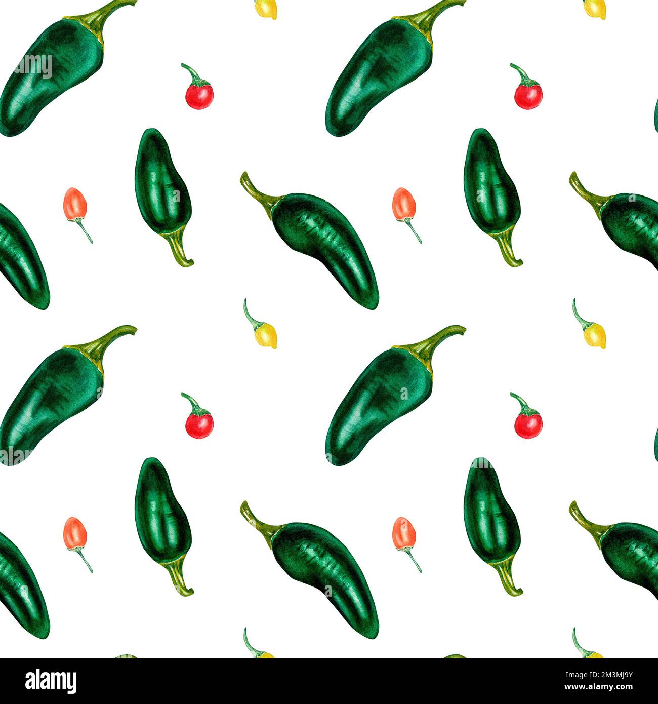 Jalapeno and little peppers. spicy watercolor seamless pattern isolated ...
