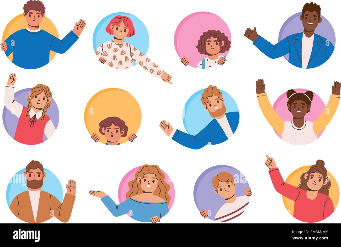 Persons in circle windows. Communicating people, welcome and pointing ...