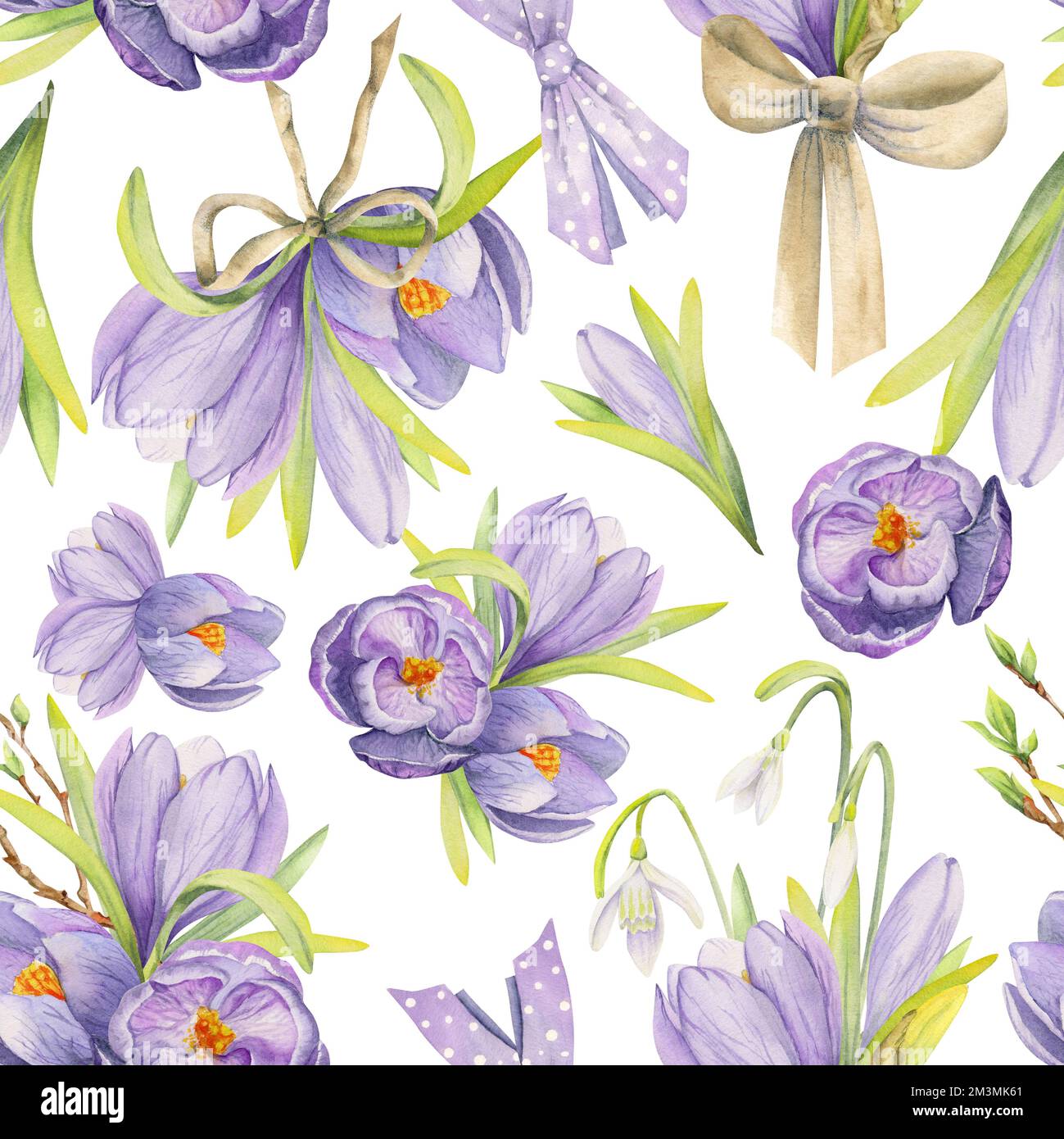 Watercolor hand drawn seamless pattern with spring flowers, crocus ...