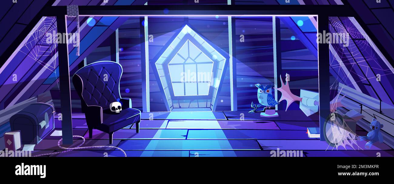 Night attic with skull on armchair, cobweb in dark corners, scary owl ...