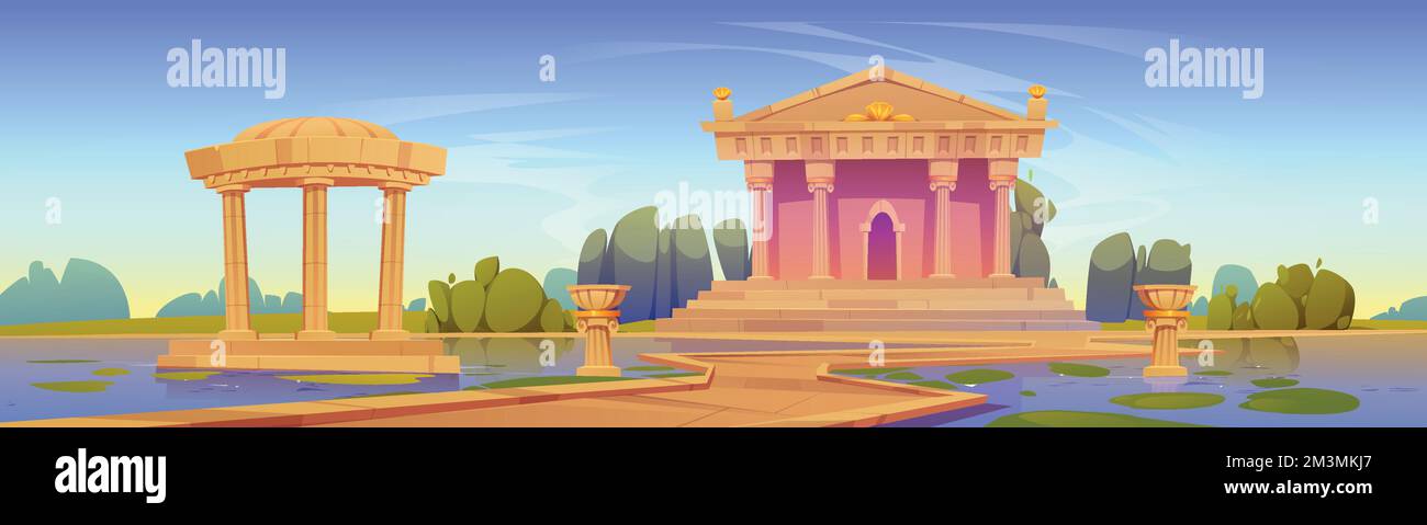 Ancient temple, antique architecture building with columns and paved ...