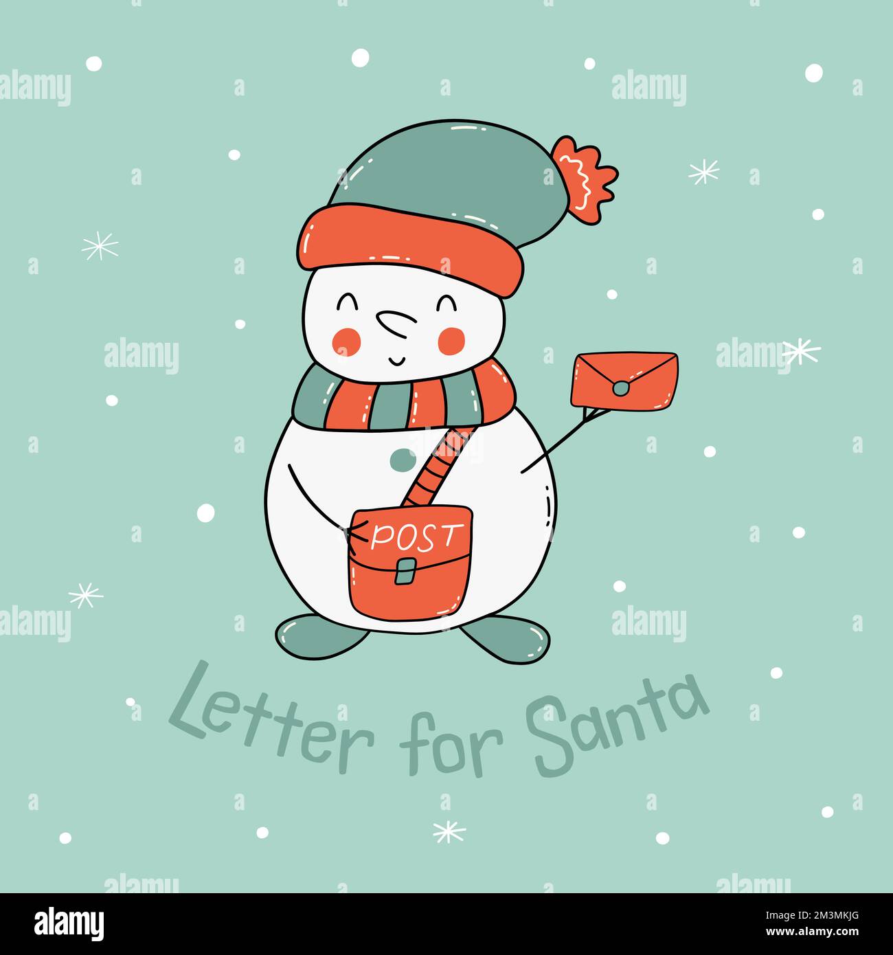 Card cute snowman postman holding an envelope, funny and happy. Snowing ...