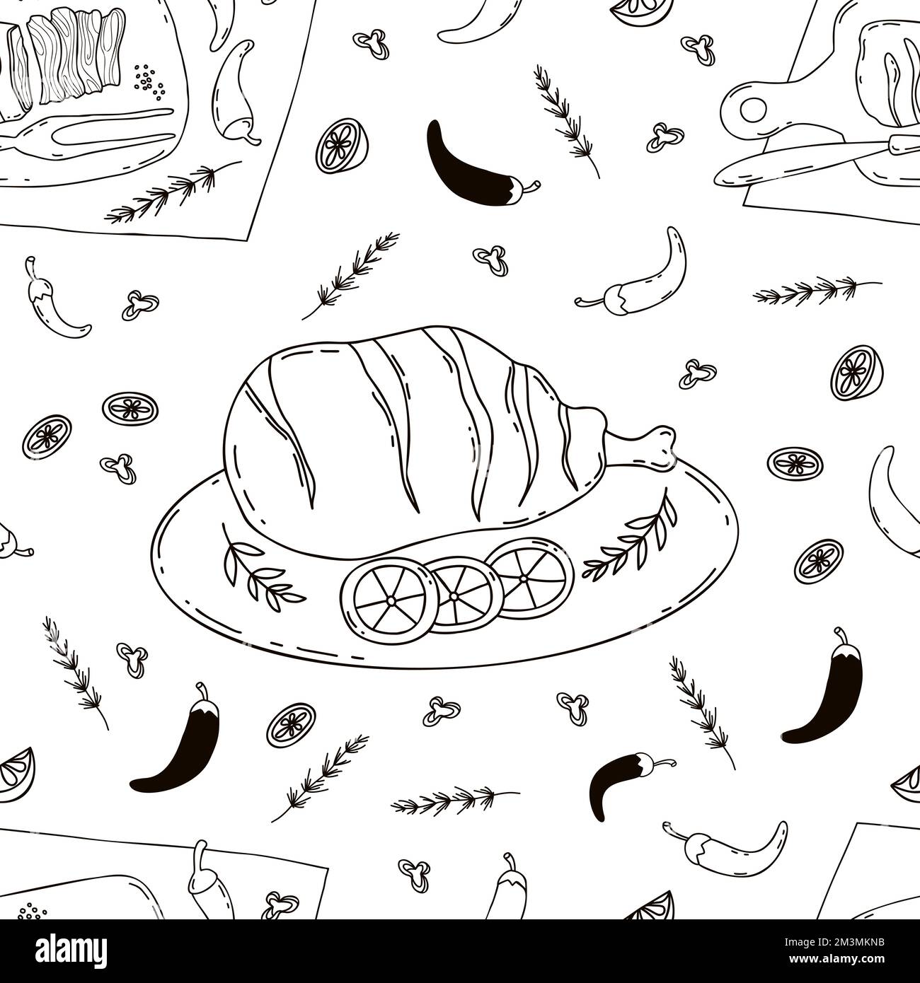 Seamless pattern with barbecue meat. Grilled beef and fried pork leg on ...