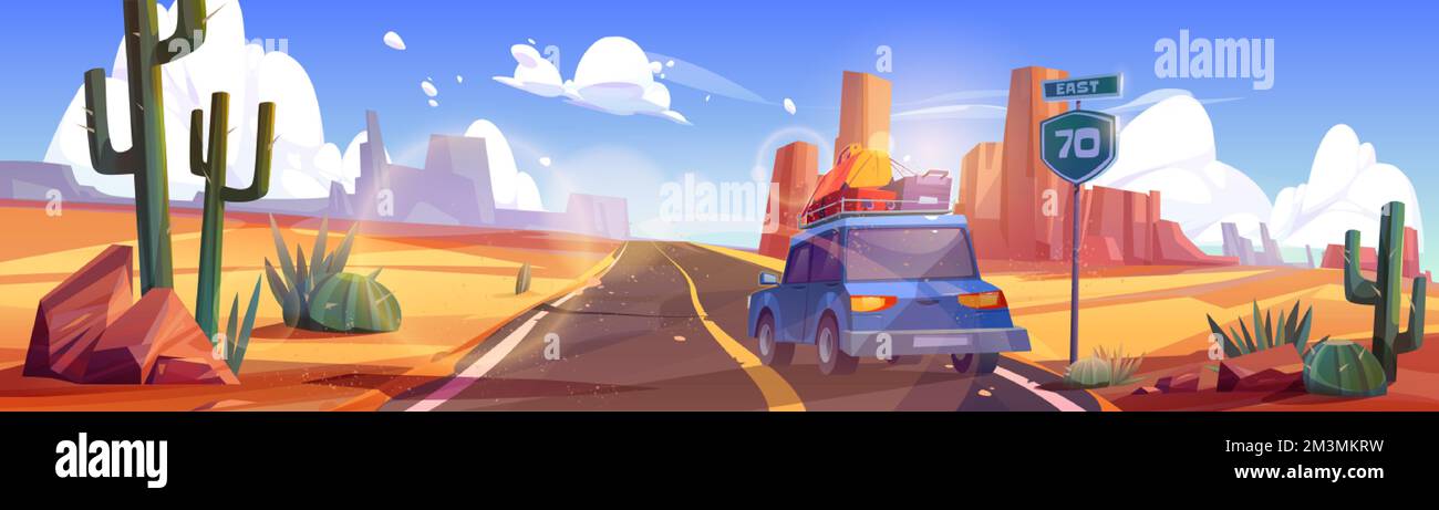 Road trip, car driving desert highway at wild west landscape ...