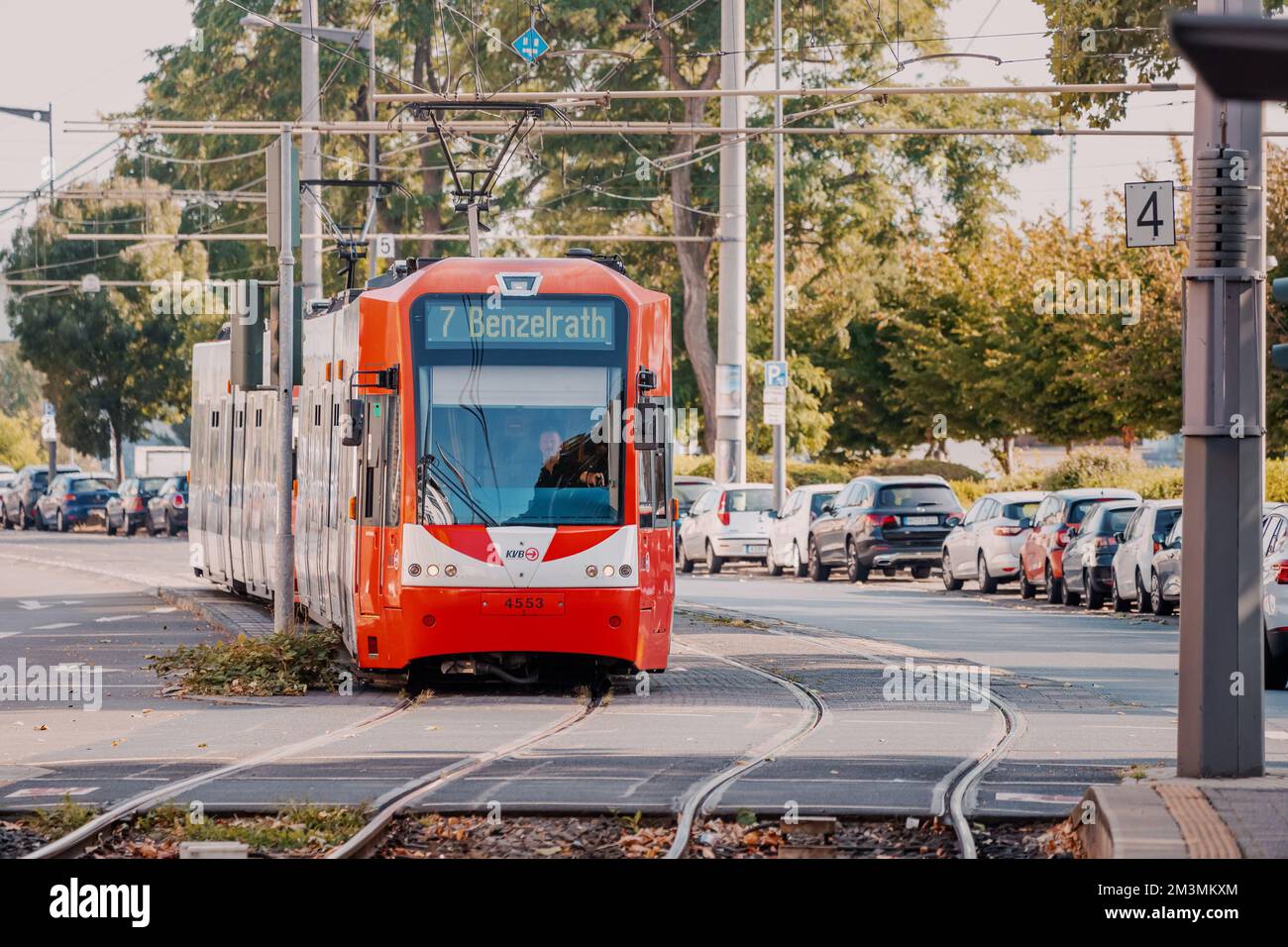 29 July 2022, Cologne, Germany: yellow tram rides on a public transport ...