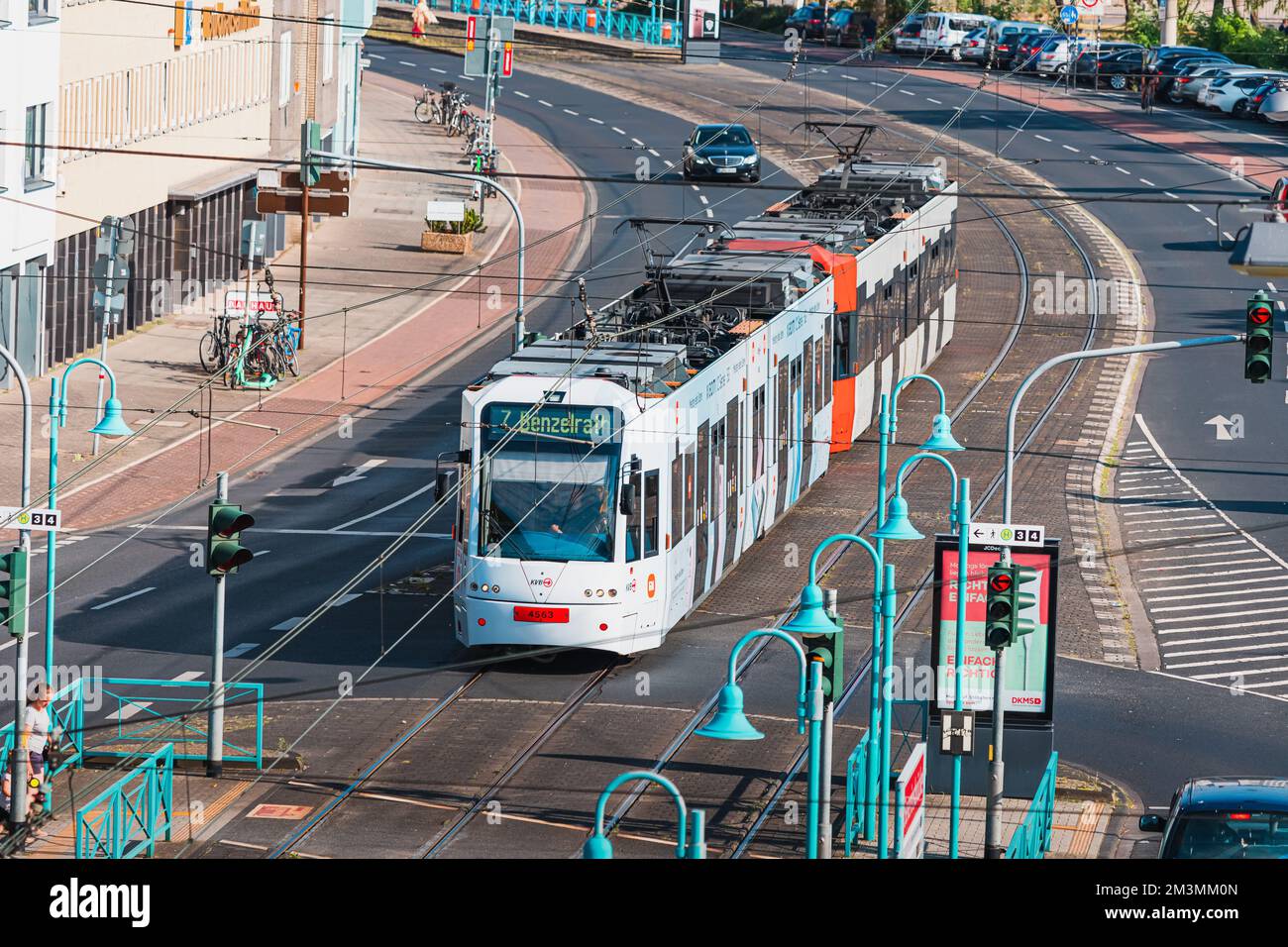 29 July 2022, Cologne, Germany: yellow tram rides on a public transport ...