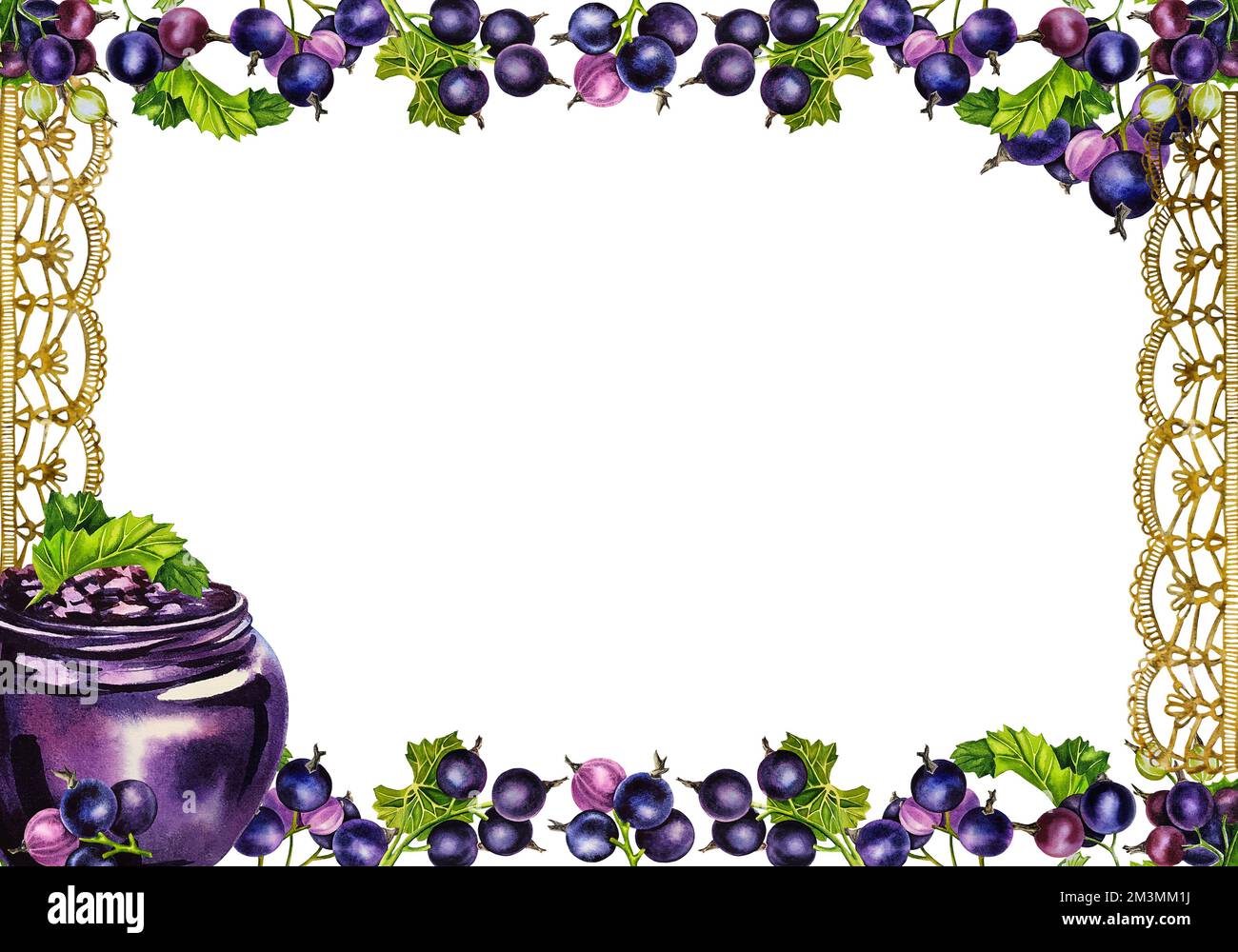 Blackcurrant jam, frame. Watercolor illustration. For labels, packaging ...
