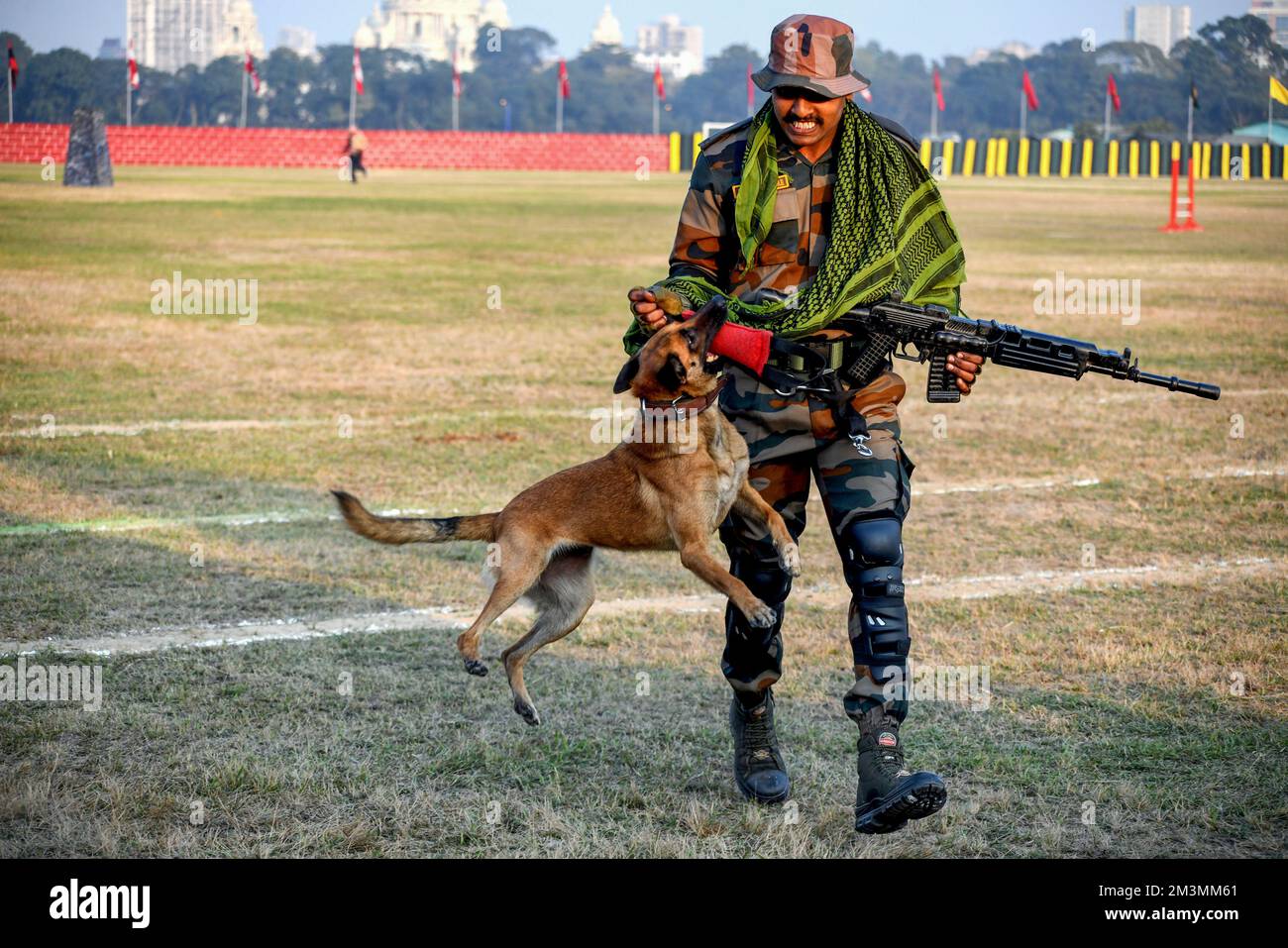 A Military Dog performs a Stunt during an army demonstration for the ...