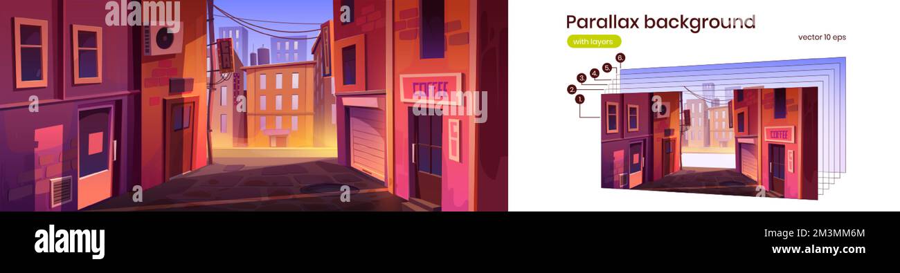 Empty city backstreet with shop and coffee house, parallax background ...