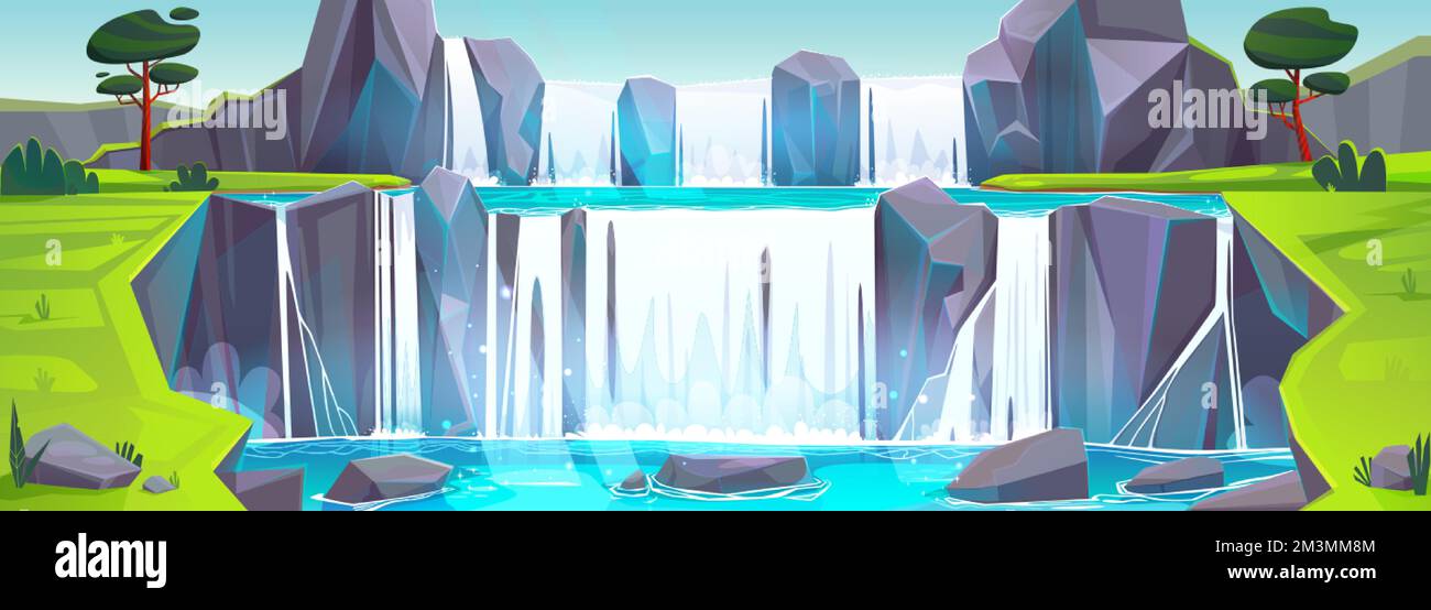 Waterfall cascade at summer nature landscape. Cartoon panoramic view of ...