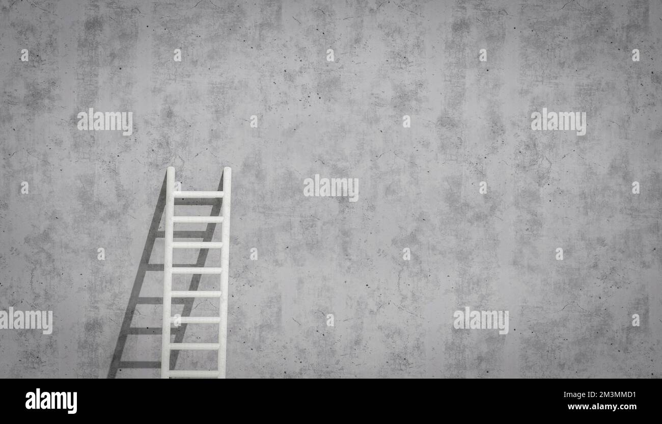 ladder leaning against gray concrete wall. White ladder on grey ...
