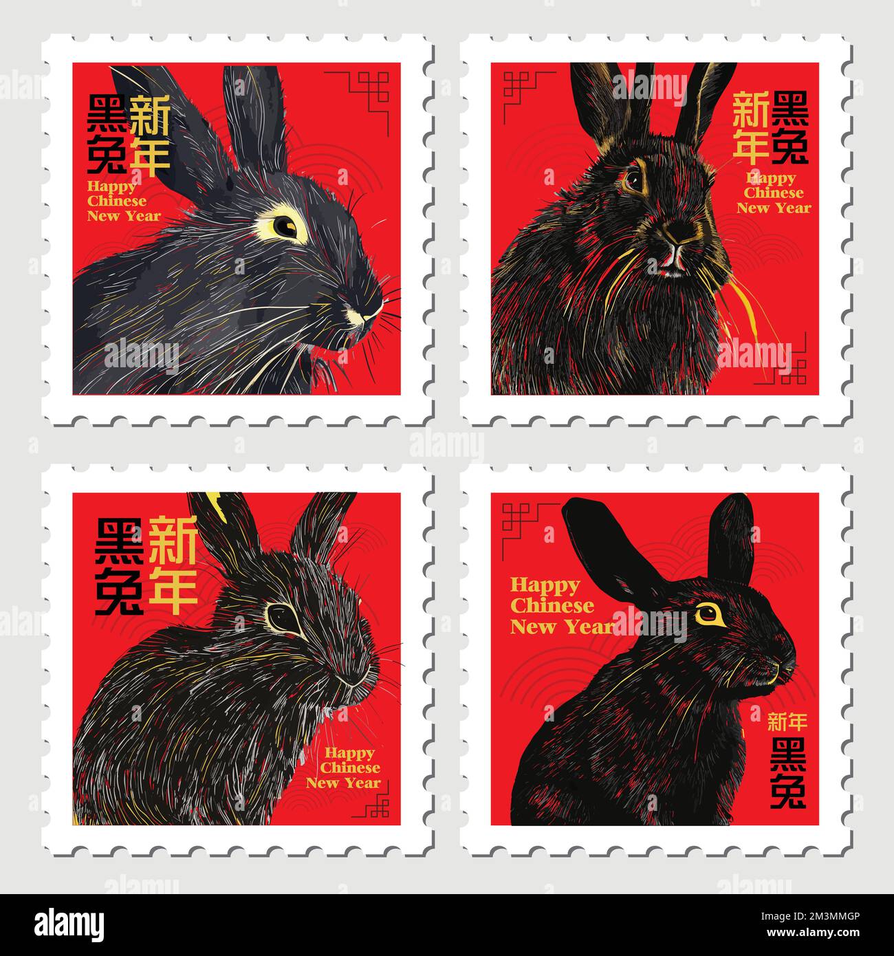 Vector flat Chinese new year stamps collection. Translation: Year of ...
