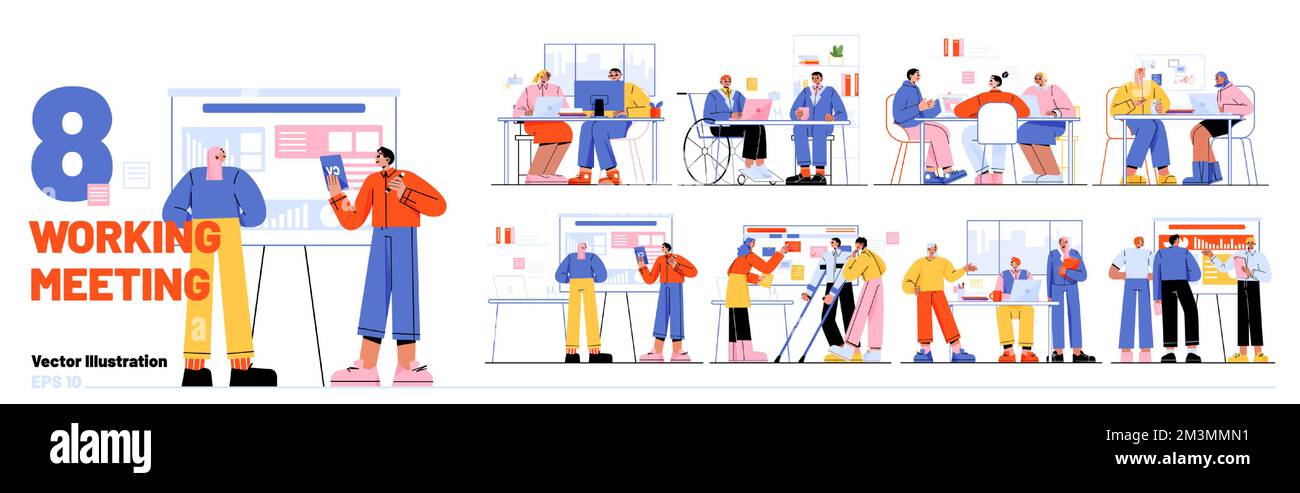 Set of business people discuss project in office. Employees meeting ...