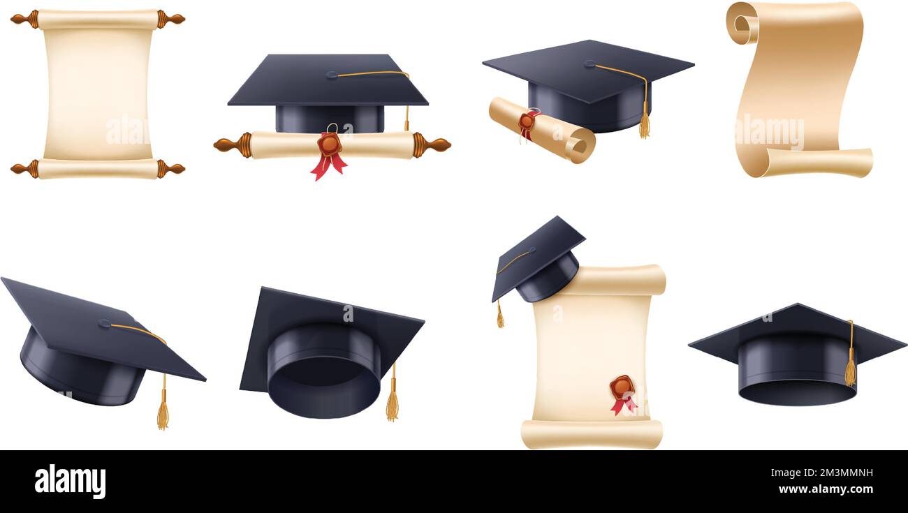 Realistic graduation hat and diploma. High school, college or ...