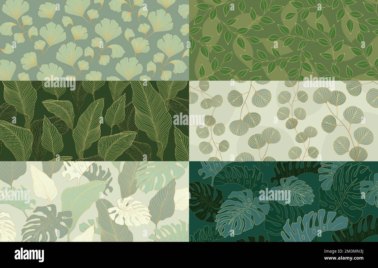 Luxury leaves wallpaper. Golden floral hand drawn backdrop, line plant ...