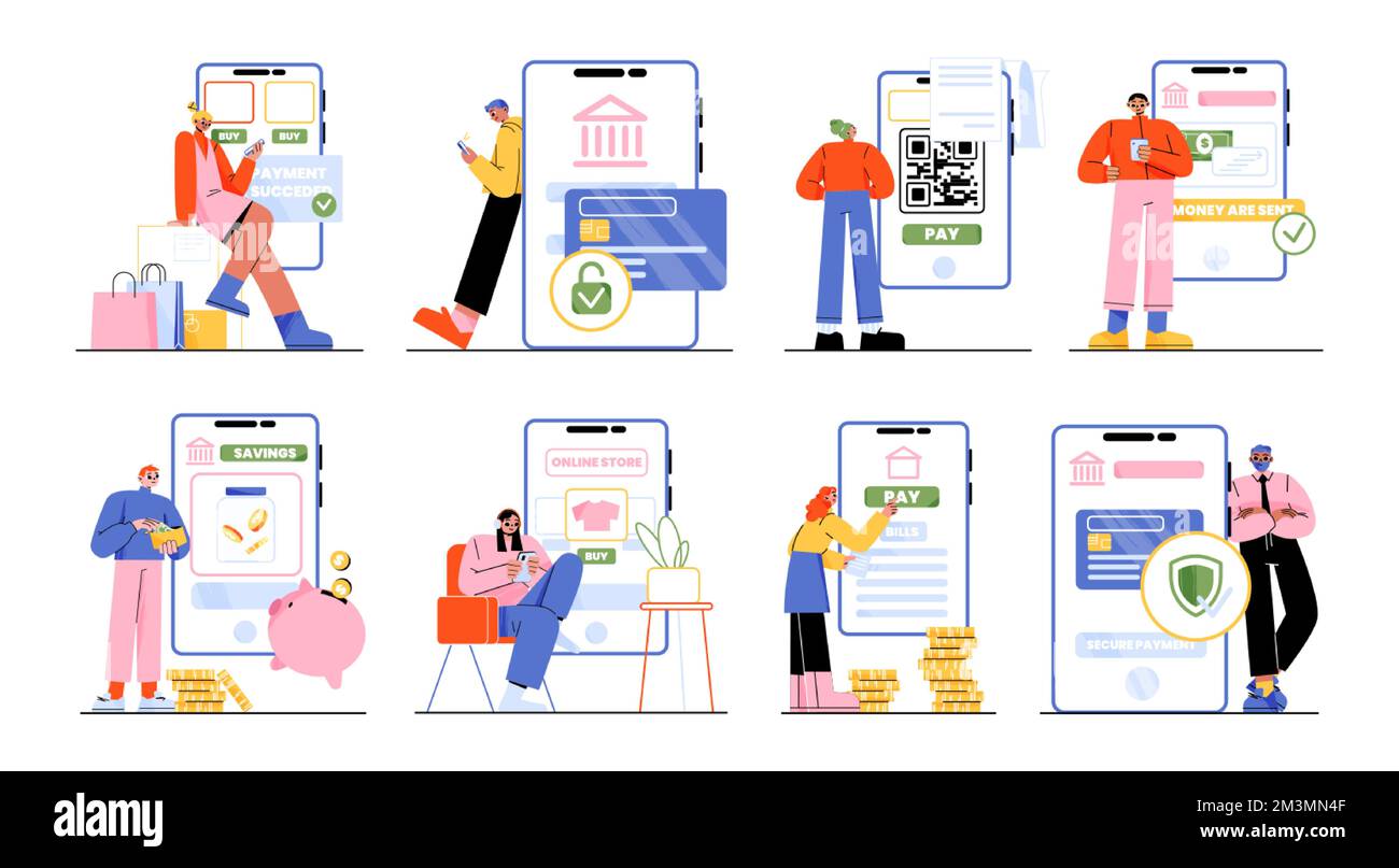 People pay, transfer money, make savings with mobile phone. Concept of ...