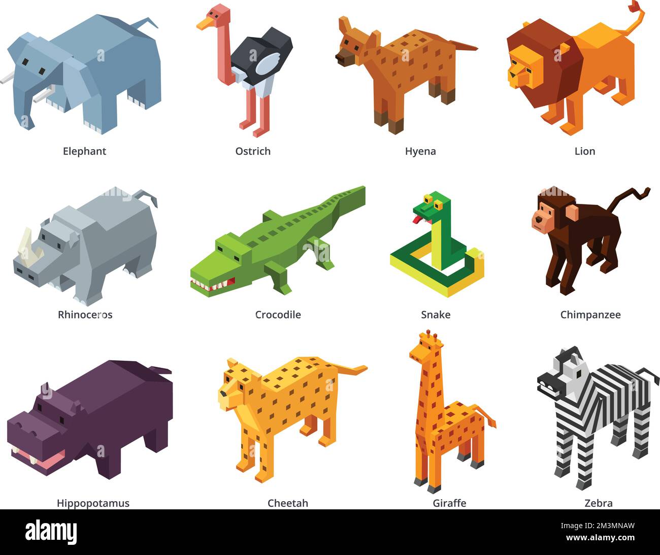 Isometric african animals. Low poly zoo, polygonal alligator, lion and ...