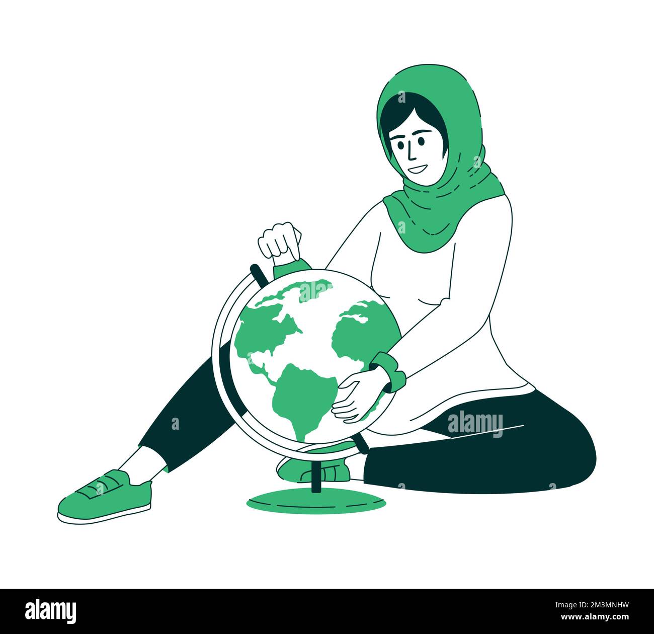 Lady finding location on globe flat color linear vector character Stock ...