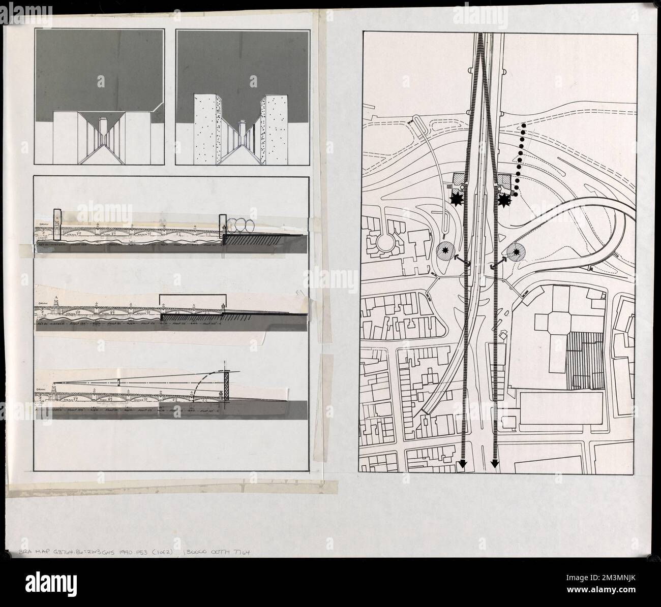 Plans of structures next to the end towers of Longfellow Bridge ...
