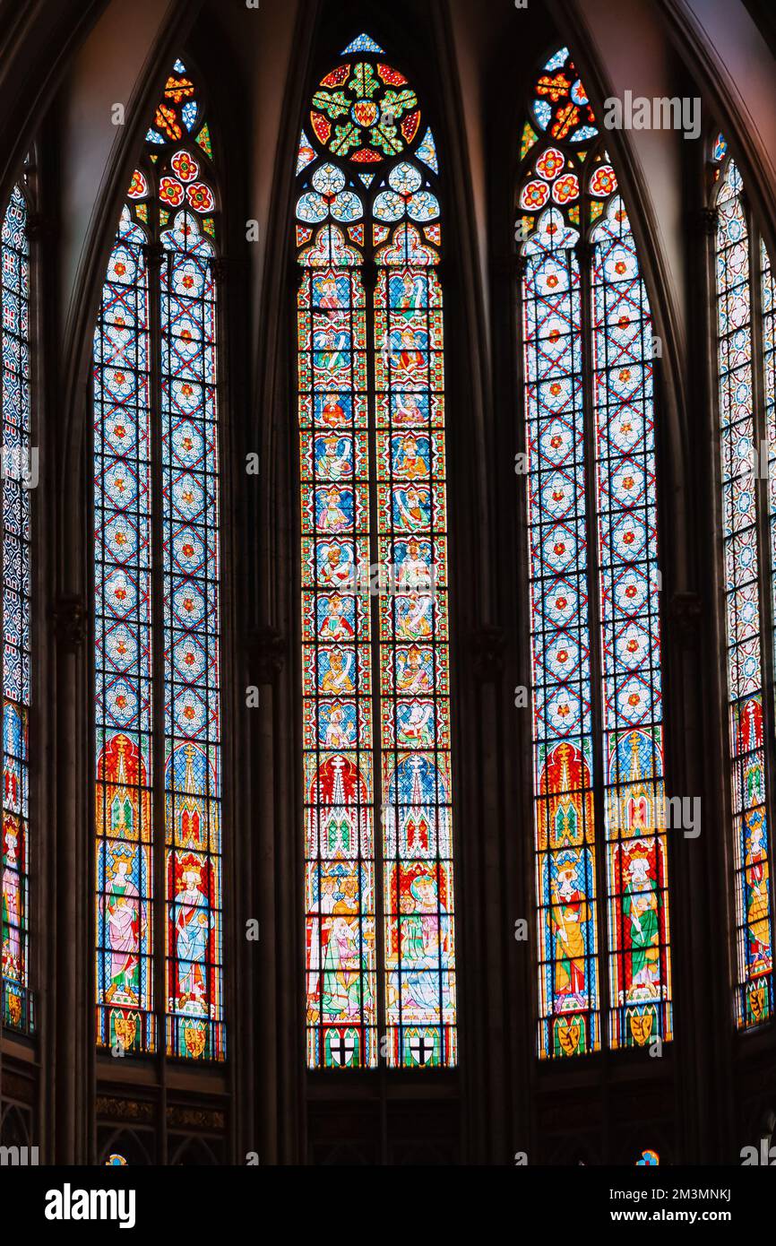 31 July 2022, Koln, Germany: Stained glass in the gothic interior of ...