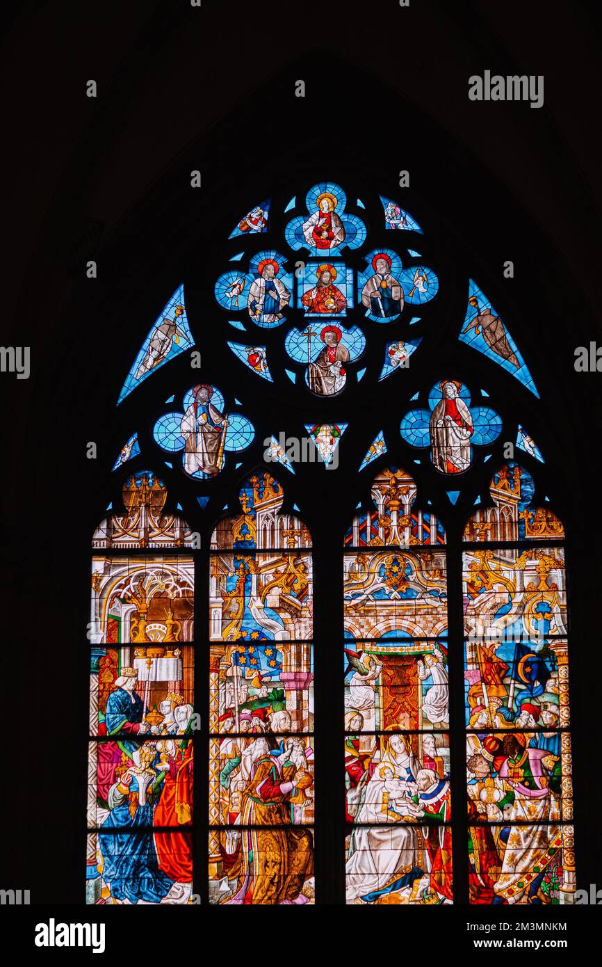 31 July 2022, Koln, Germany: Stained glass in the gothic interior of ...