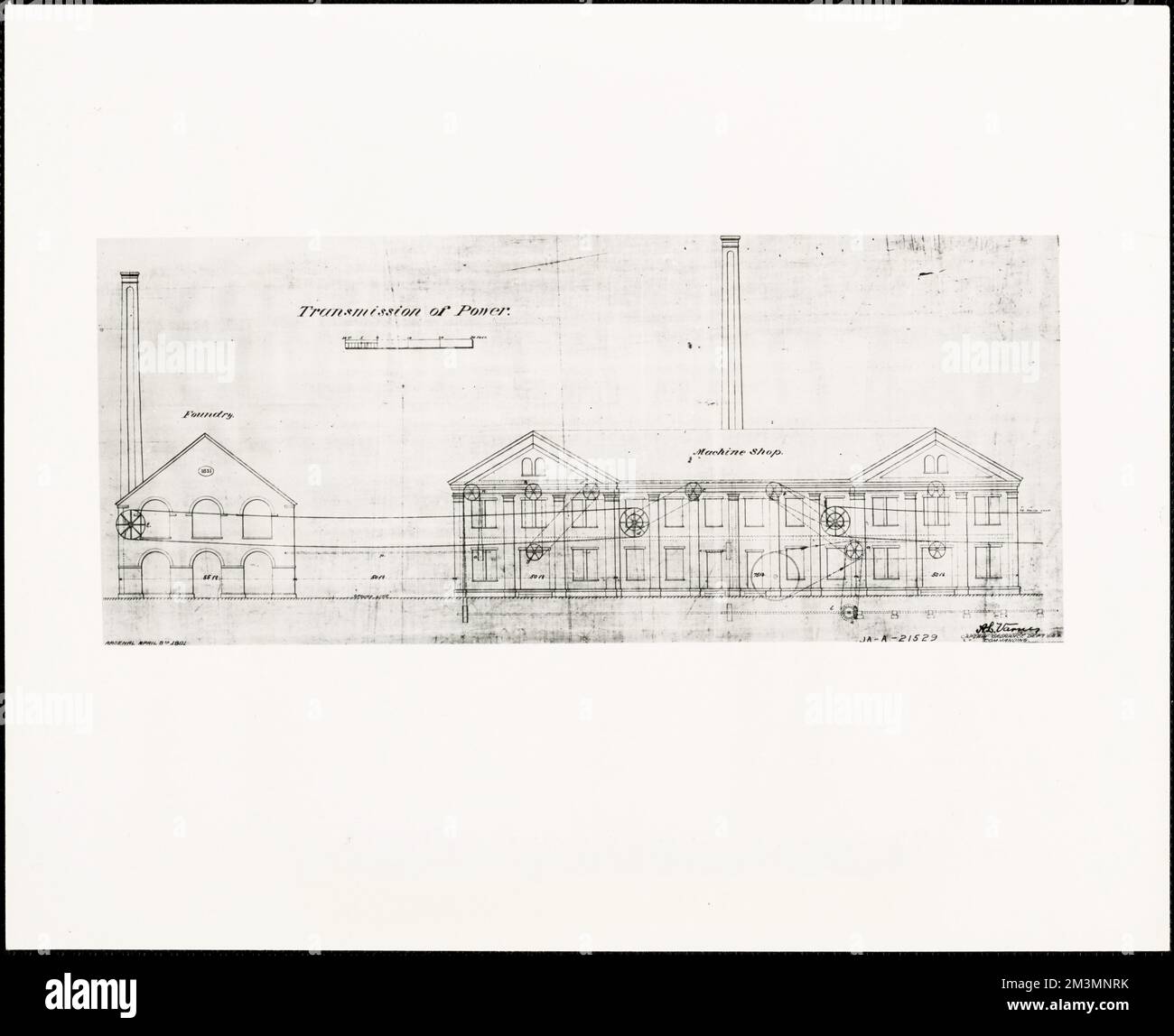 Plans showing the transmission of power from the machine shop to the ...