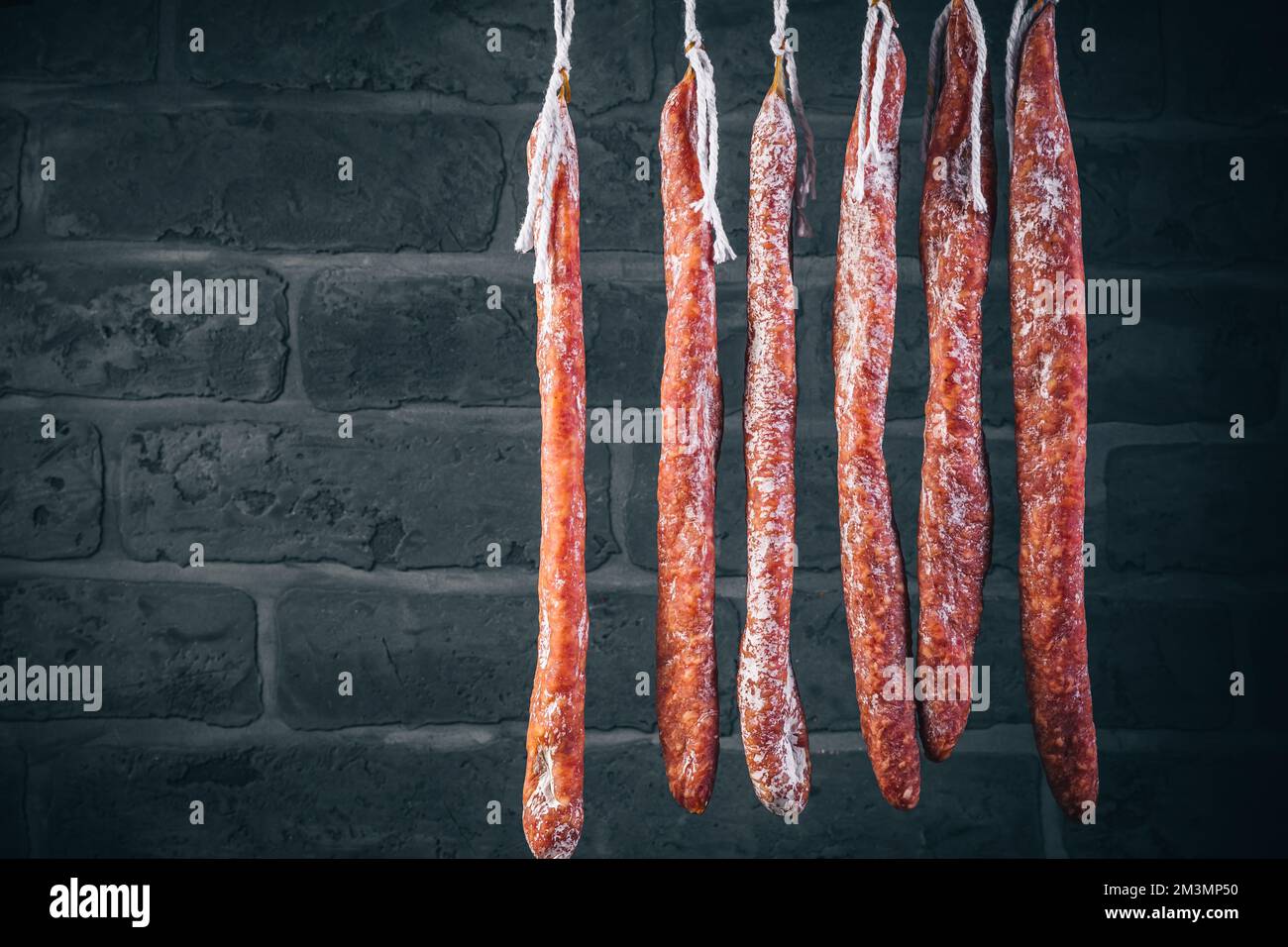 Spanish salami fuet - dry-cured and natural fermented sausages Stock ...