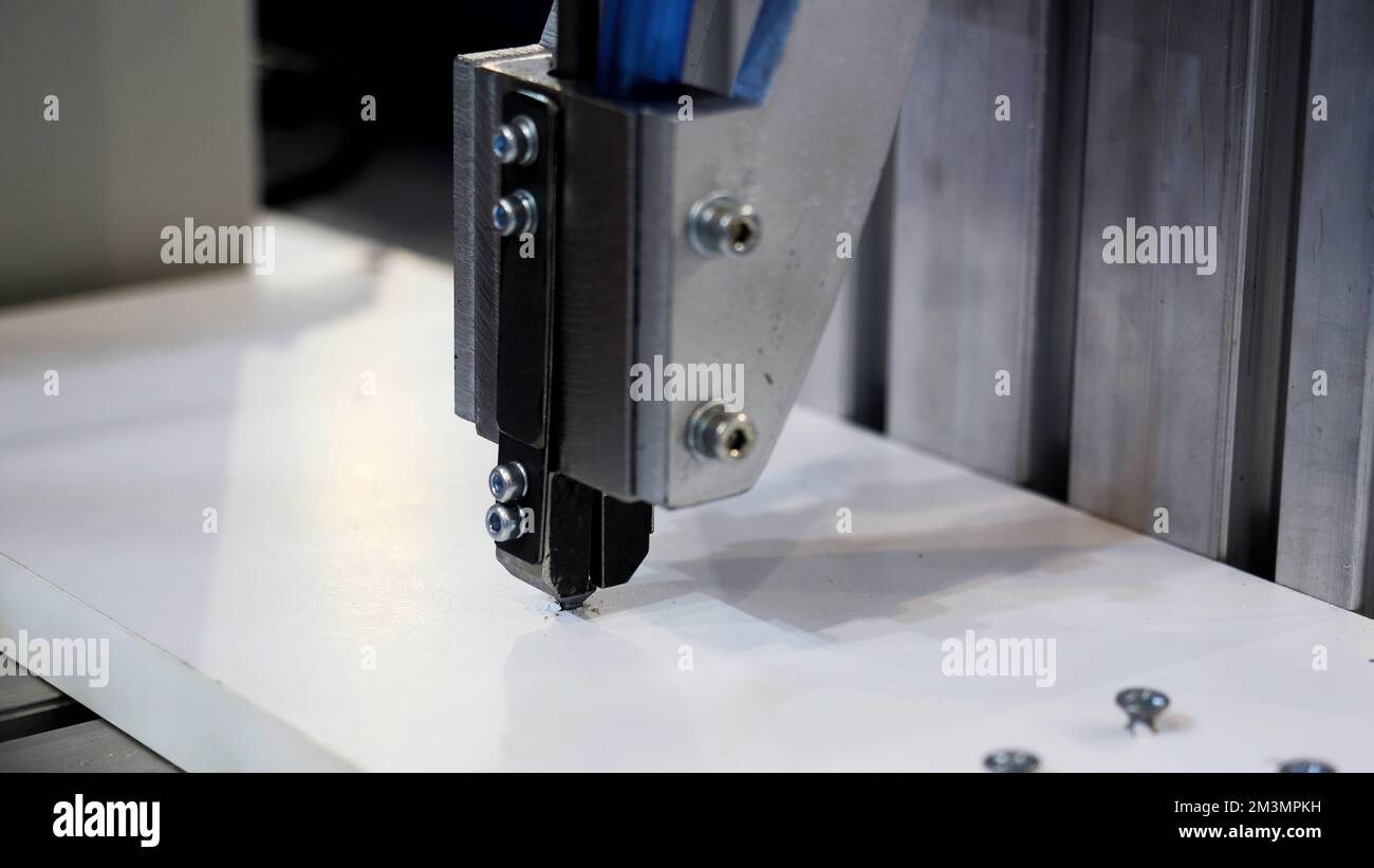 Steel metalworking machine at work. Media. Close up of automatic ...