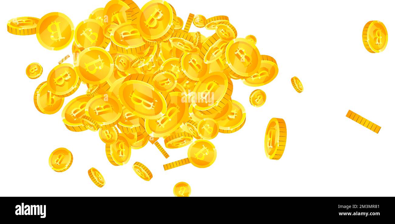 Bitcoin coins falling. Cryptocurrency scattered gold BTC coins ...