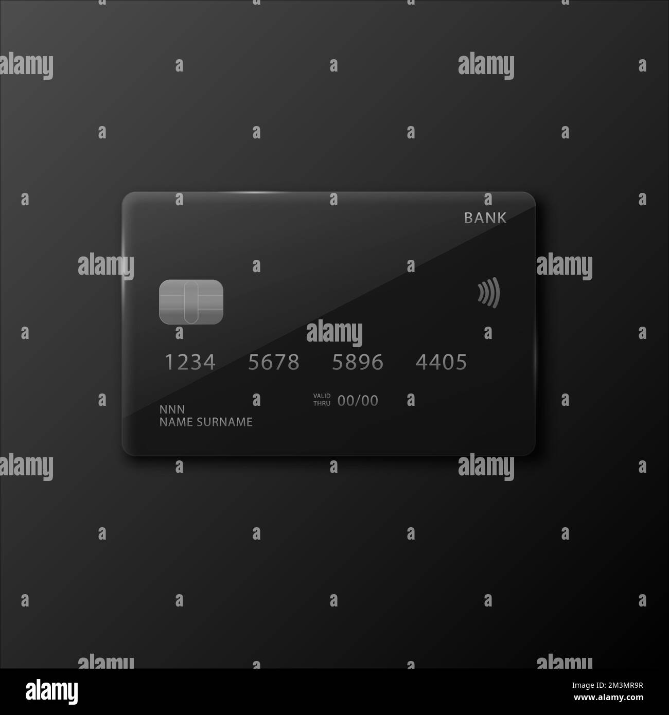 A semi-transparent credit card layout on a black background. Realistic ...