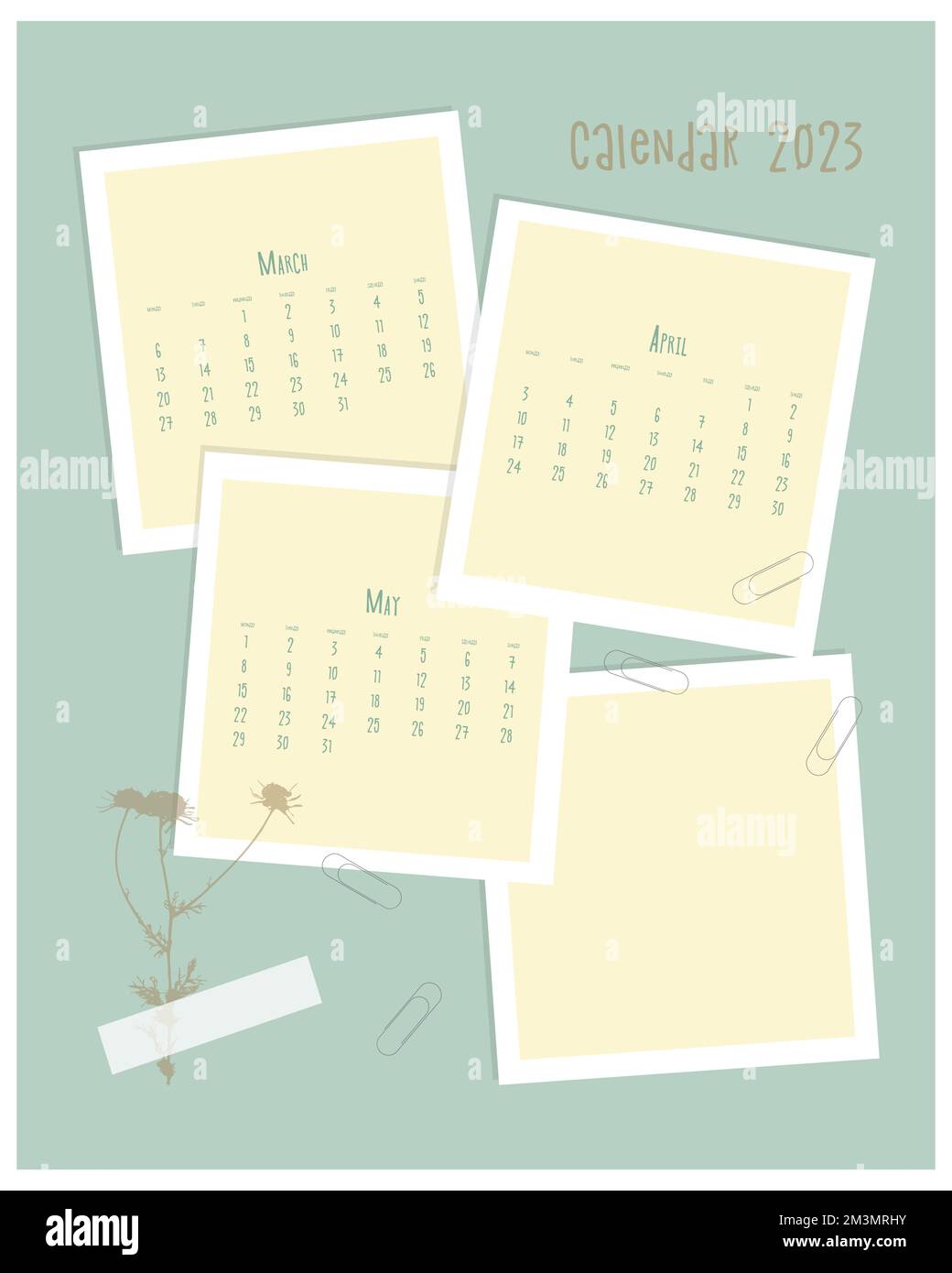 Calendar for spring 2023 vintage collage with chamomile stamp and notes ...