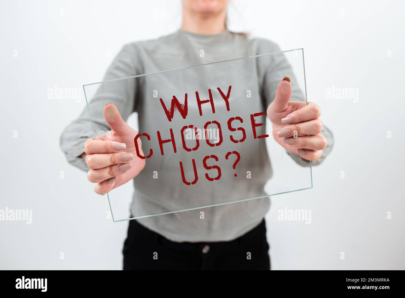 Hand writing sign Why Choose Us. Word Written on Reasons for choosing ...